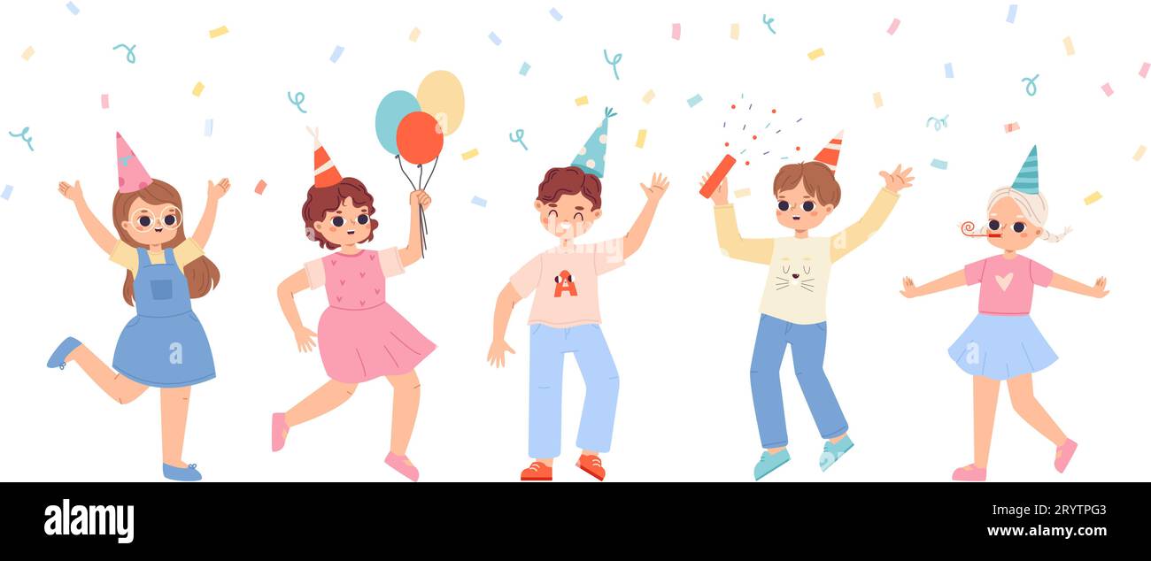 Isolated birthday children characters jumping under falling confetti ...
