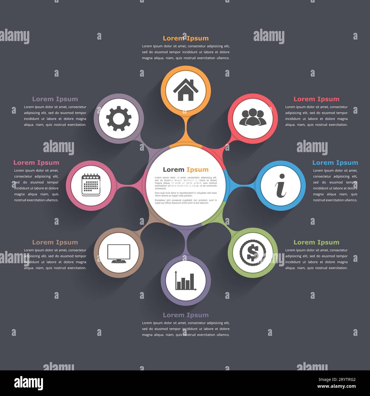 Circle diagram infographics with eight elements with icons and text ...