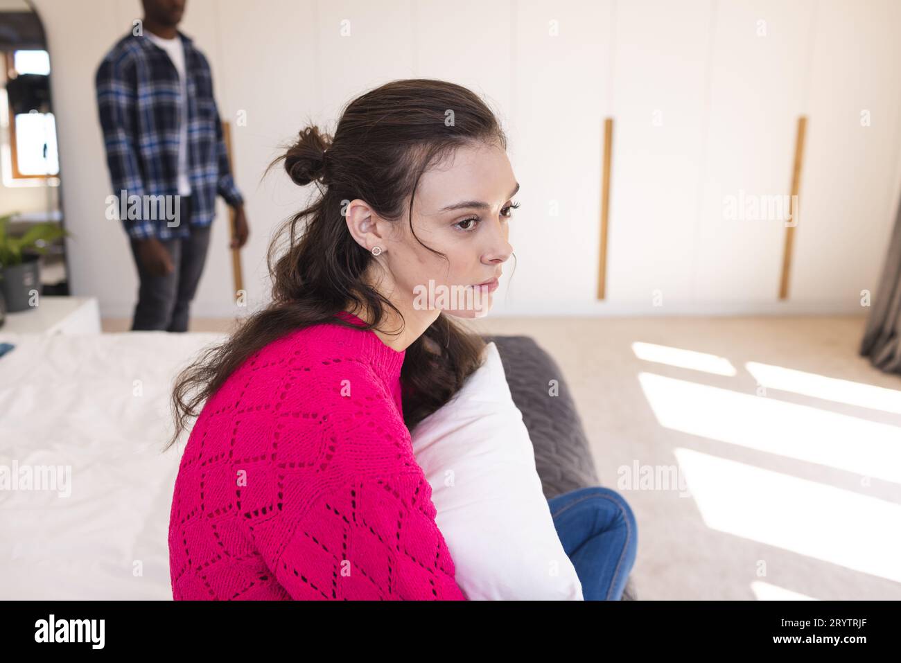 Sad woman lying on bed hi-res stock photography and images - Alamy