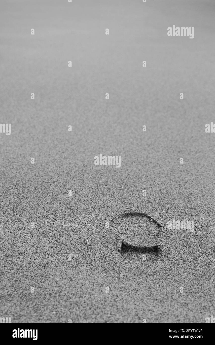 A footstep atop the sand by a tranquil puddle of crystal clear water ...