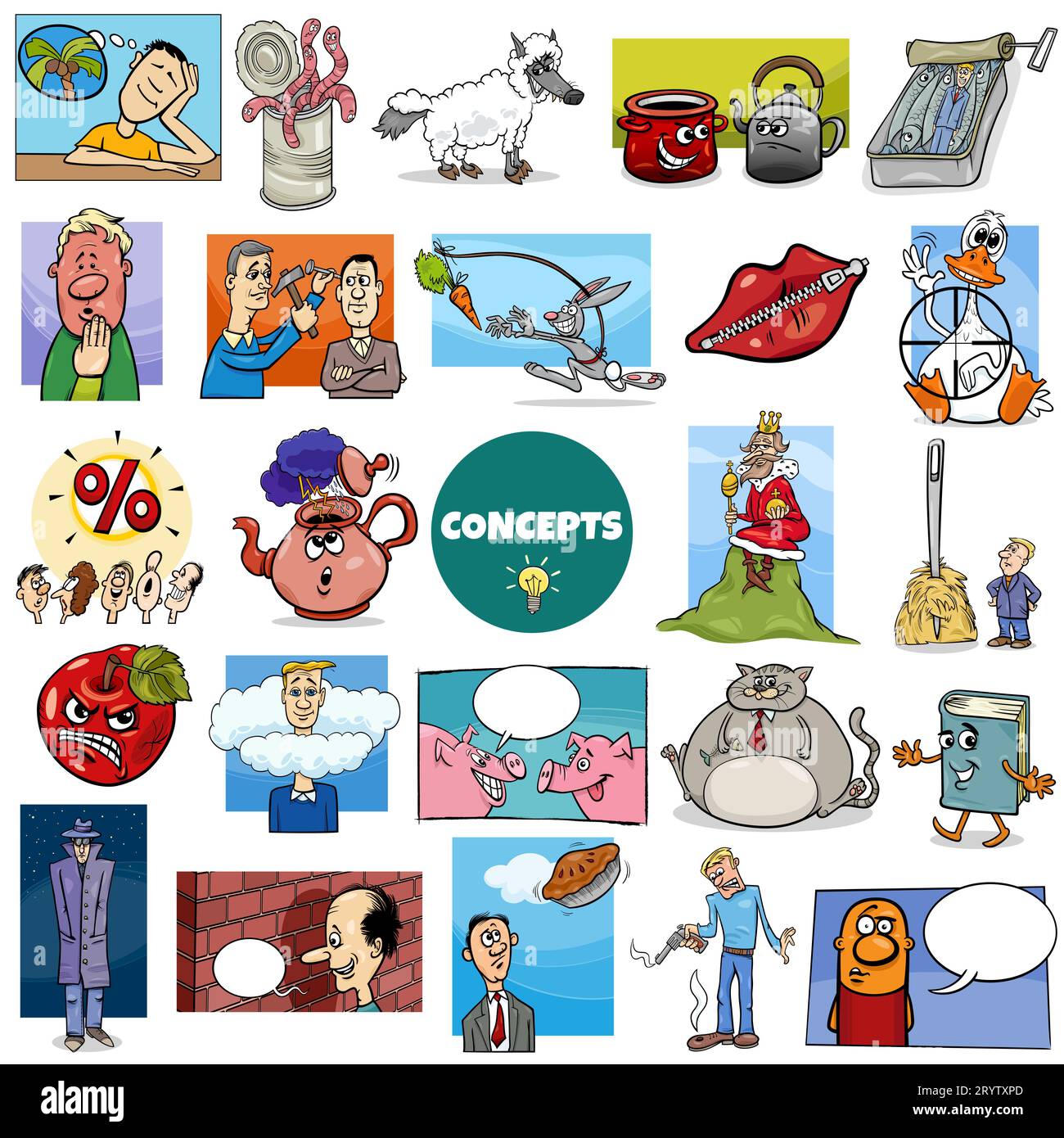 Illustration big set of humorous cartoon concepts or metaphors and ...