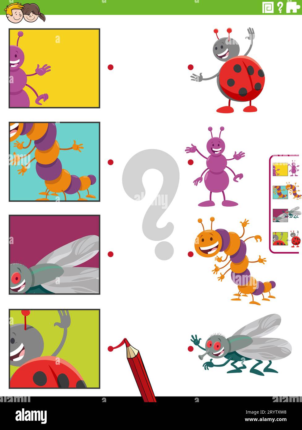Cartoon illustration of educational matching game with insects animal ...