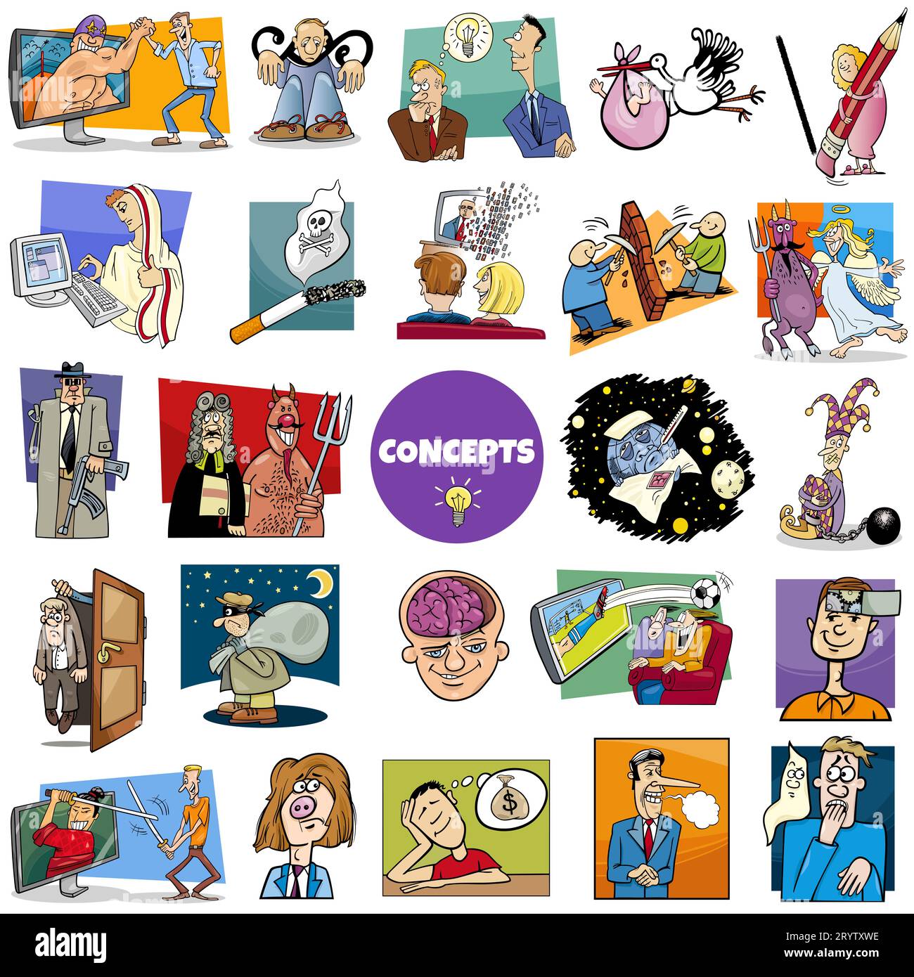 Illustration big set of humorous cartoon concepts or metaphors and ...