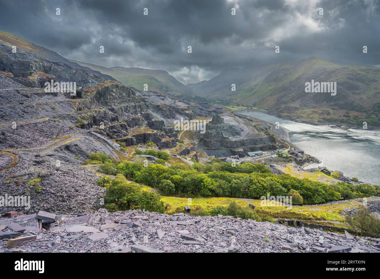 General scenic of spoil heaps from the abandoned Dinorwig slate quarry ...