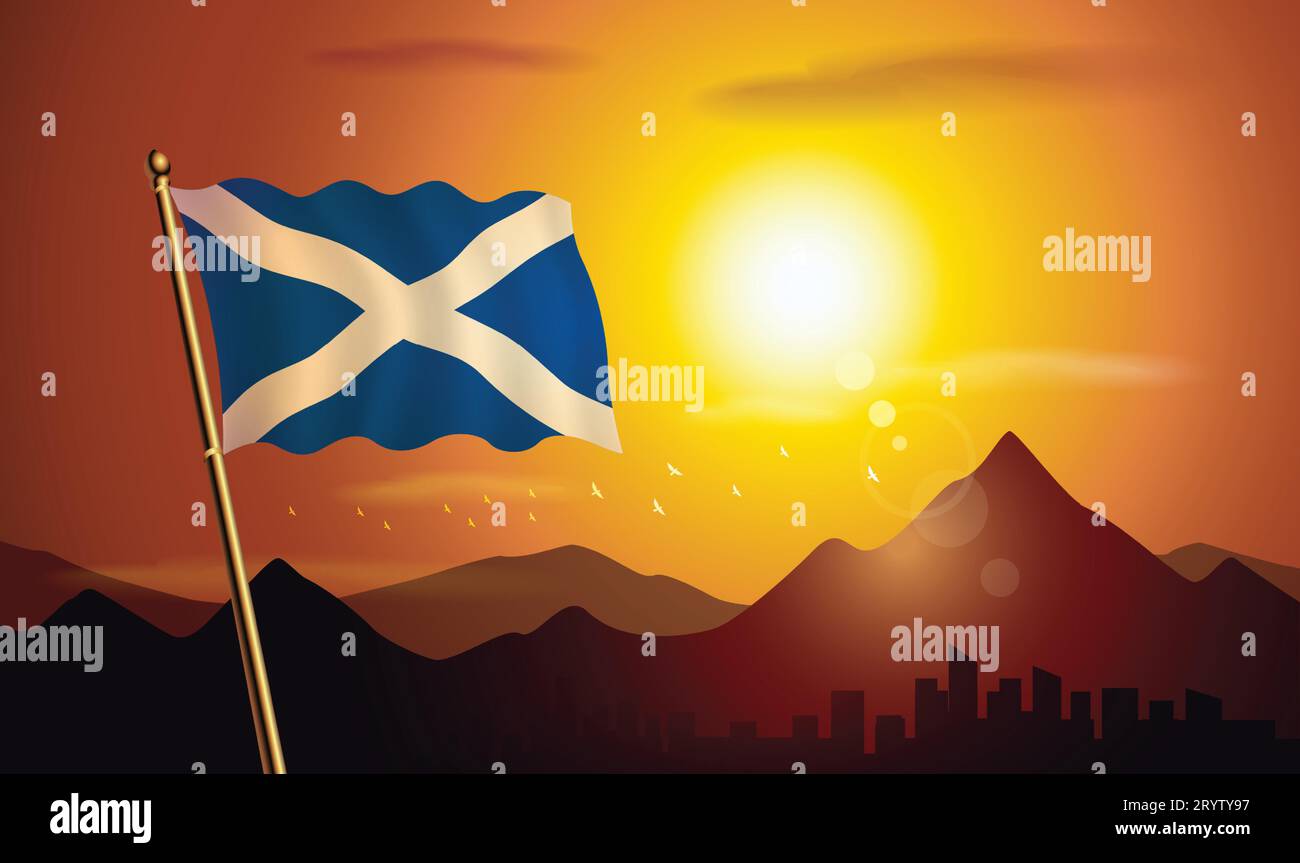 Scotland flag with sunset background of mountains and lakes Stock ...