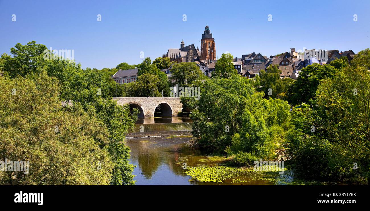 The river Lahn with the old Lahn bridge and the cathedral, Wetzlar ...