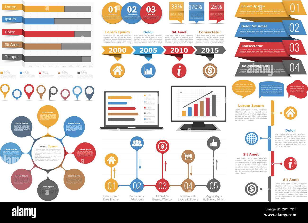 Set of infographic design elements - bar graphs, map markers, circle ...