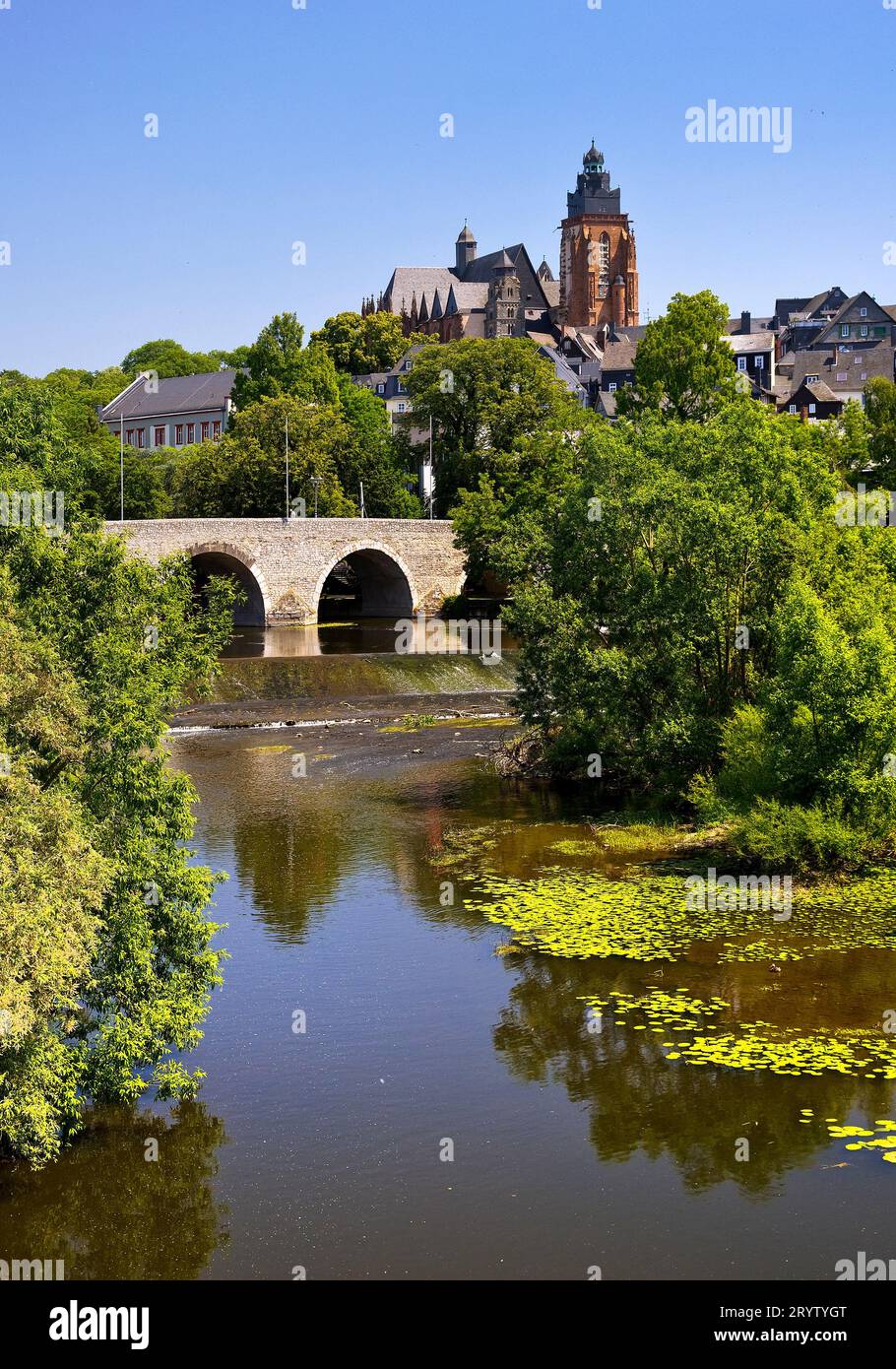 The river Lahn with the old Lahn bridge and the cathedral, Wetzlar ...