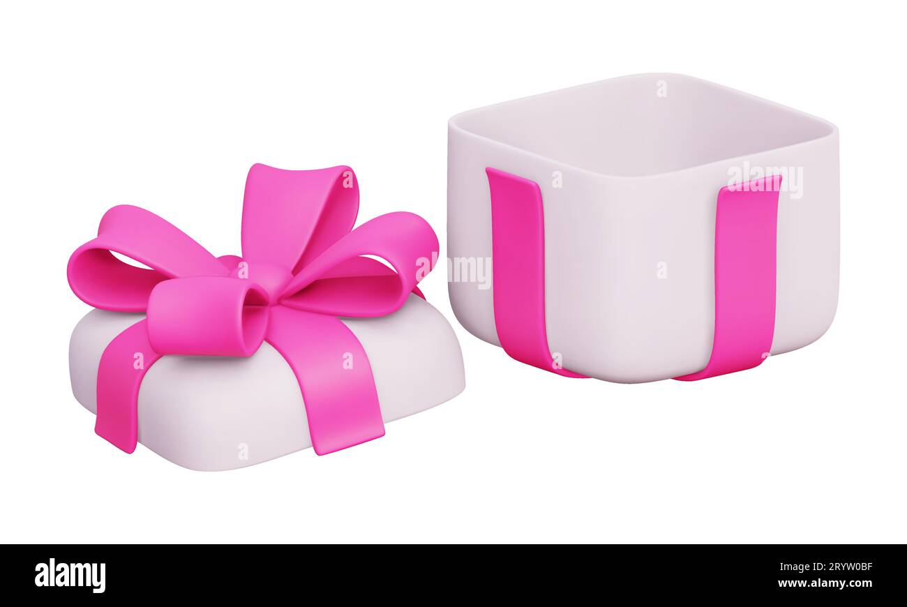 Vector 3d Gift Box. Open Empty Present Box With Pink Ribbon and Bow ...