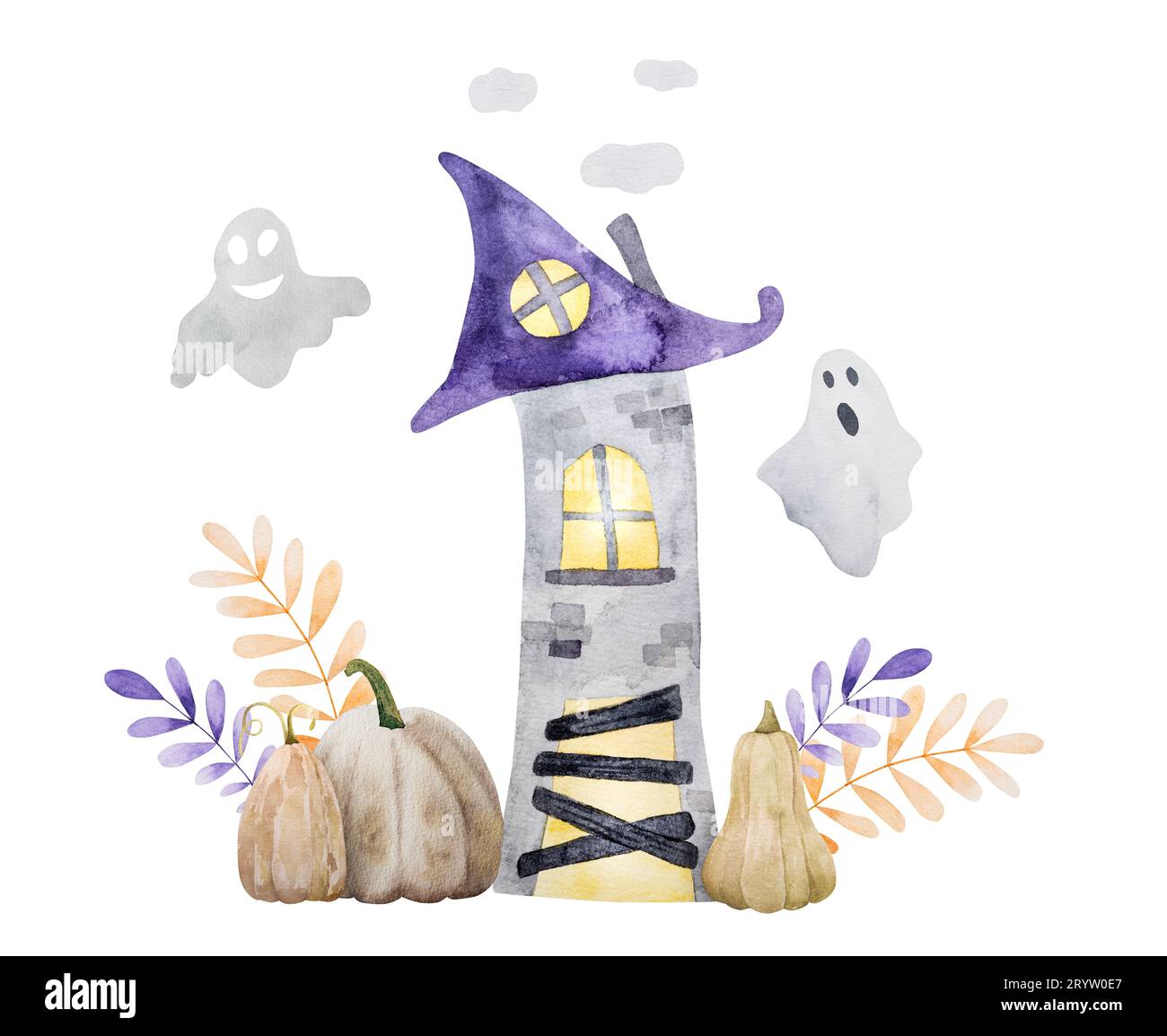 Halloween house with ghost and pumpkin watercolor art. Creepy autumn ...