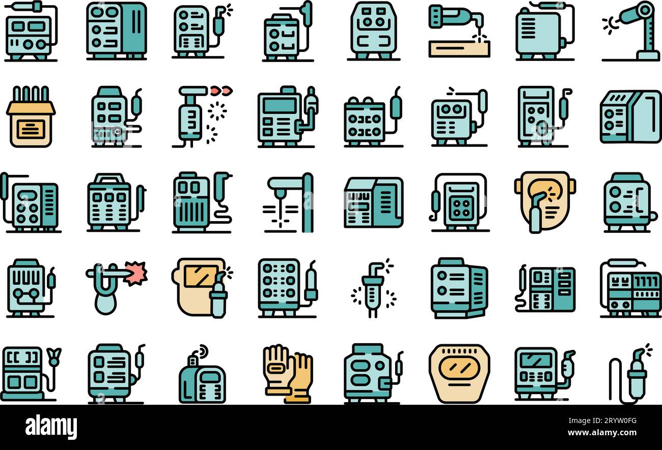 Welding machine icons set outline vector. Cable material. Factory ...