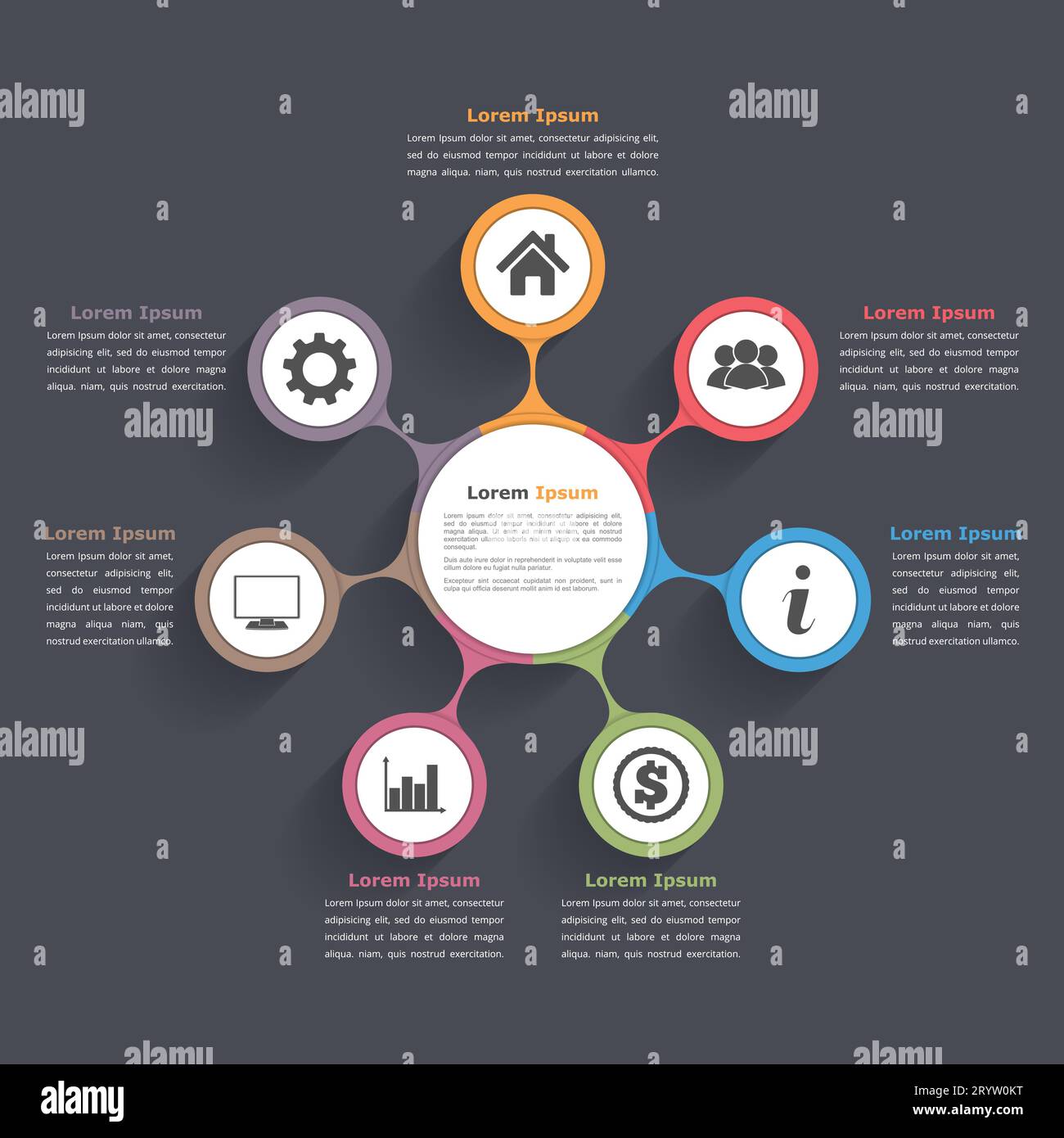Circle diagram infographics with seven elements with icons and text ...