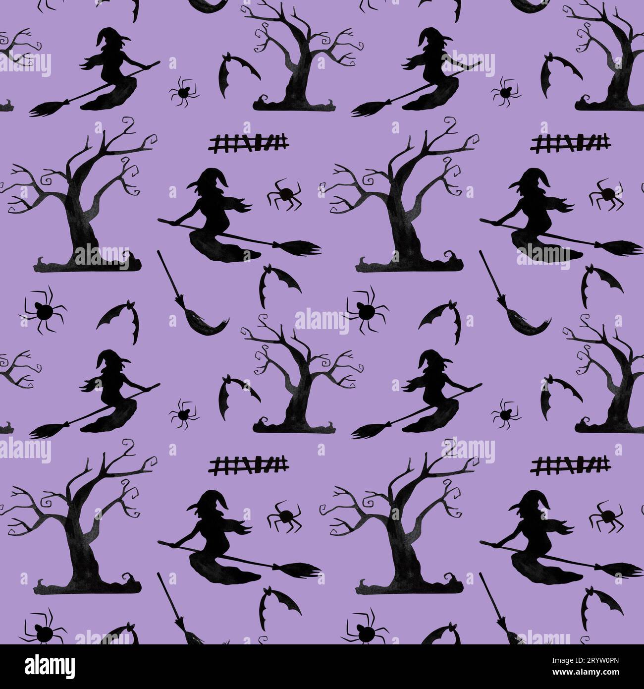 Halloween creepy tree and witch on broom with spiders watercolor ...