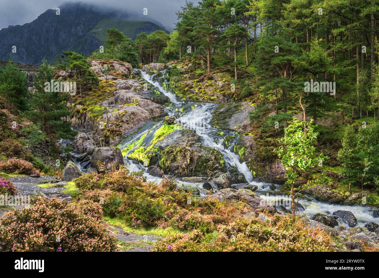 The image is of Ogwen waterfalls at the foot of the Ogwen valley in ...