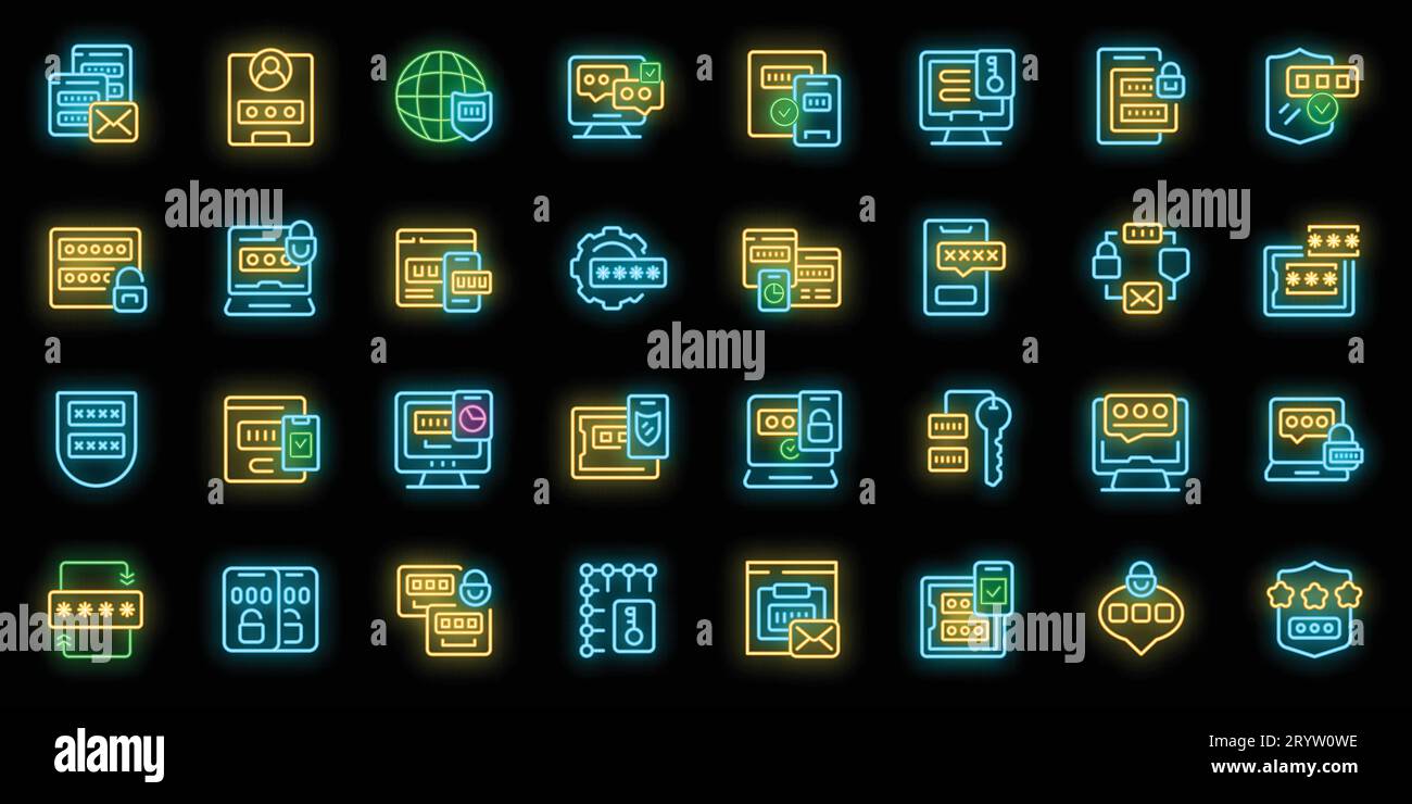 Multi Factor Authentication Icons Set Outline Vector Laptop Security Web Computer Neon Color
