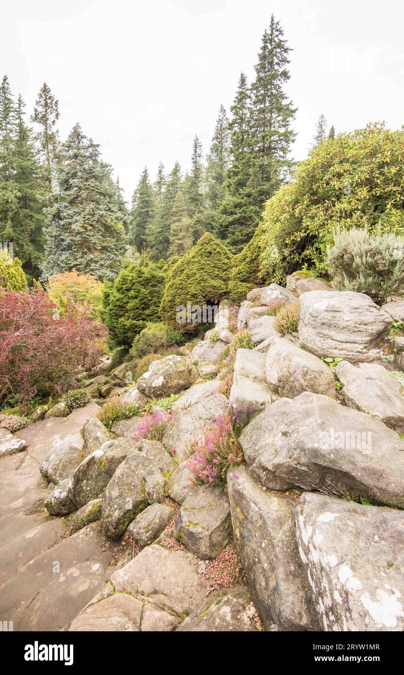 The rock garden falls immediately behind Cragside House, Northumberland ...