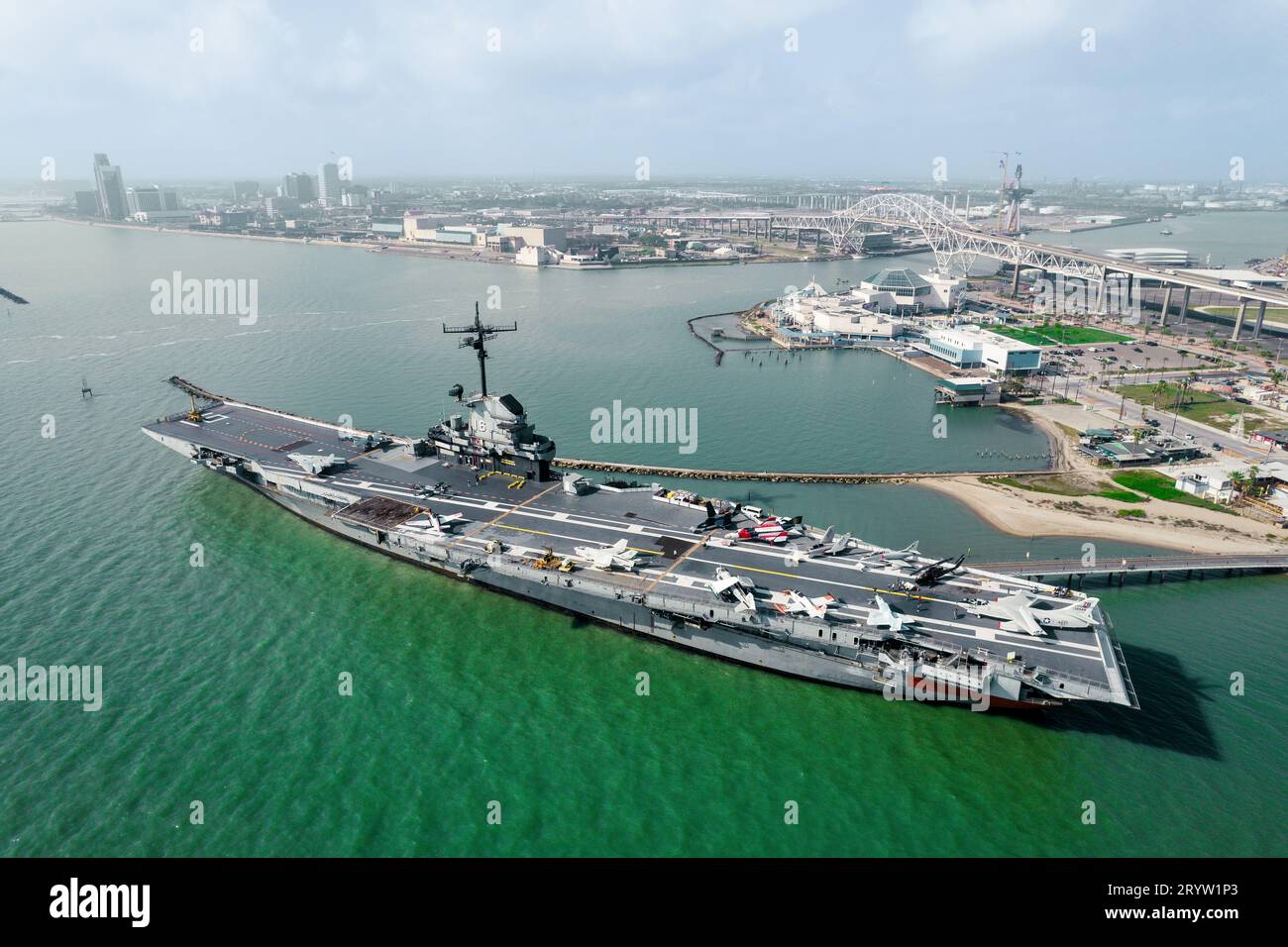 Aerial view of the USS Lexington Museum on the Corpus Christi Bay ...