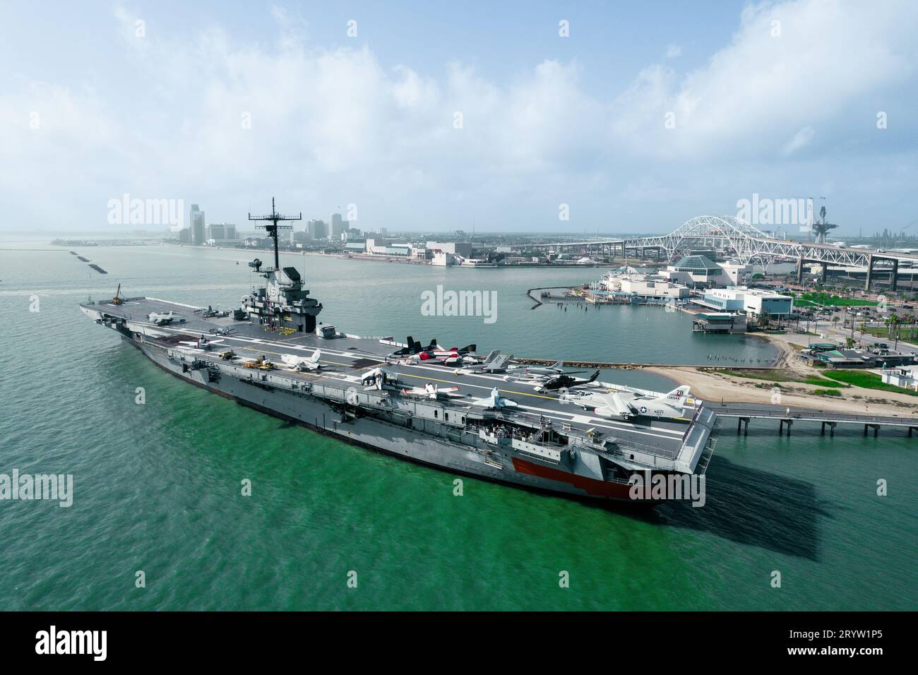 Aerial view of the USS Lexington Museum on the Corpus Christi Bay in ...
