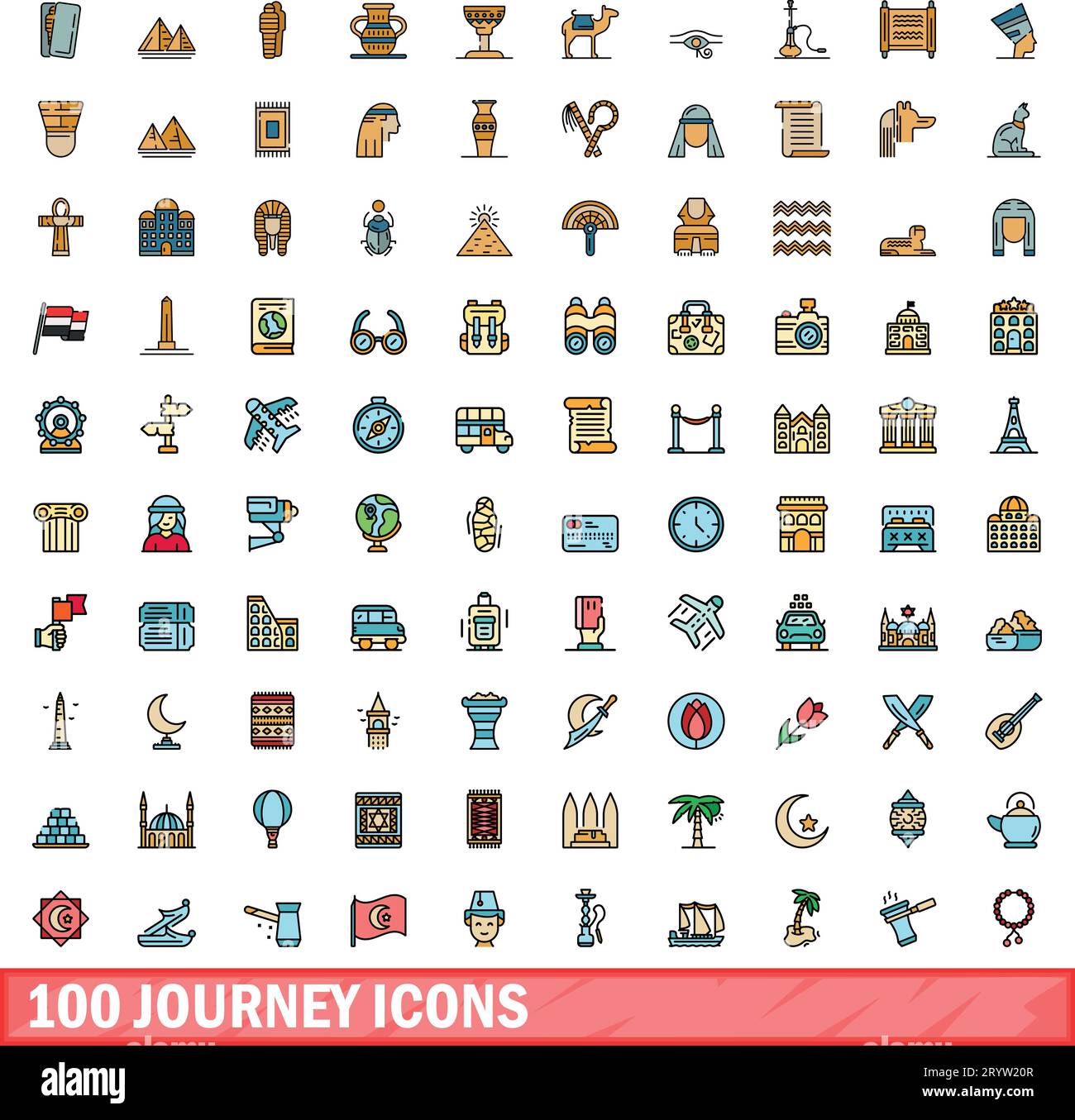 100 journey icons set. Color line set of journey vector icons thin line ...