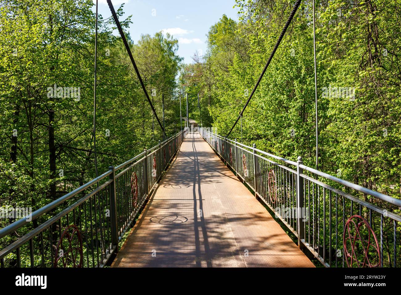 A metal pedestrian bridge over a ravine surrounded by green trees ...