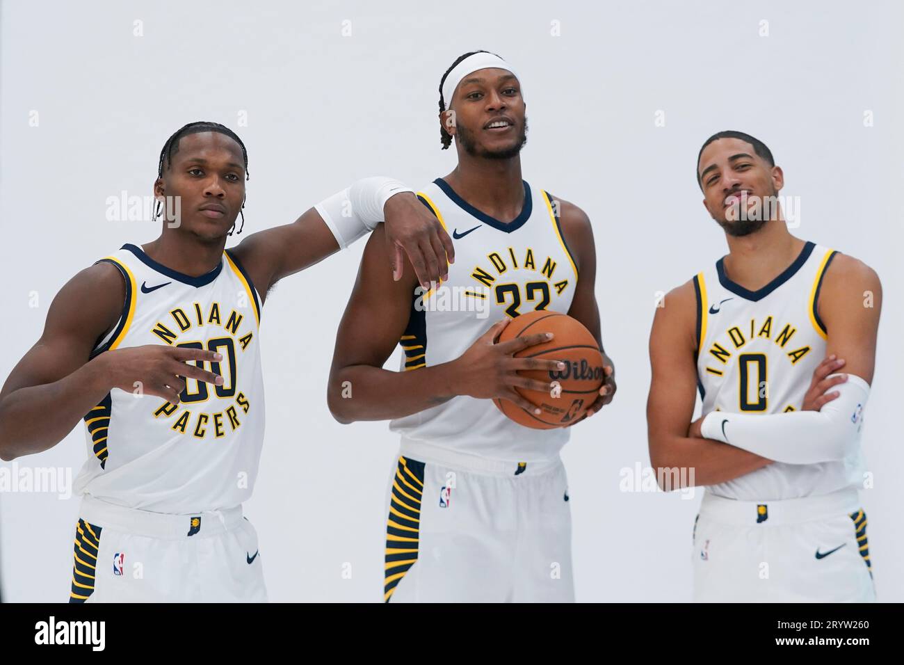 Indiana Pacers' Bennedict Mathurin, left, Myles Turner, middle and ...