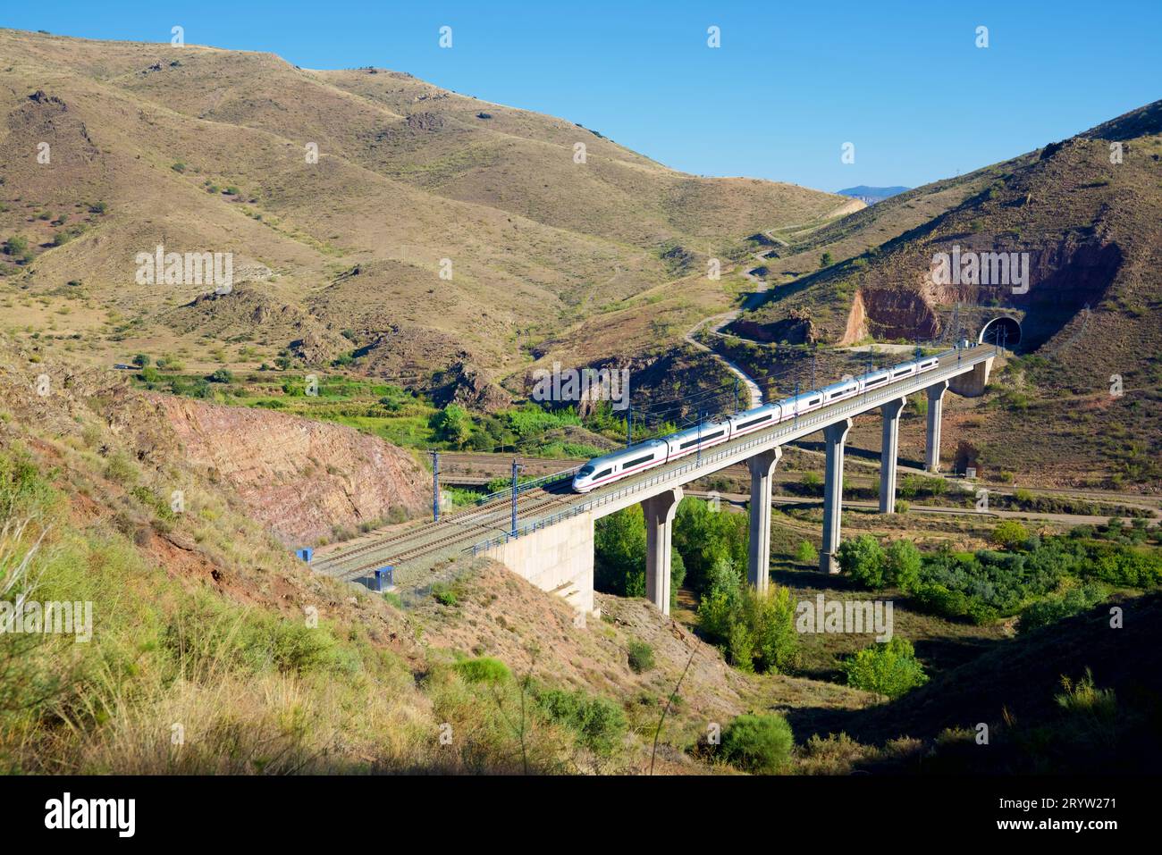 High-speed train crossing a viaduct in Purroy, Zaragoza Province, Aragon in Spain, AVE Madrid ...