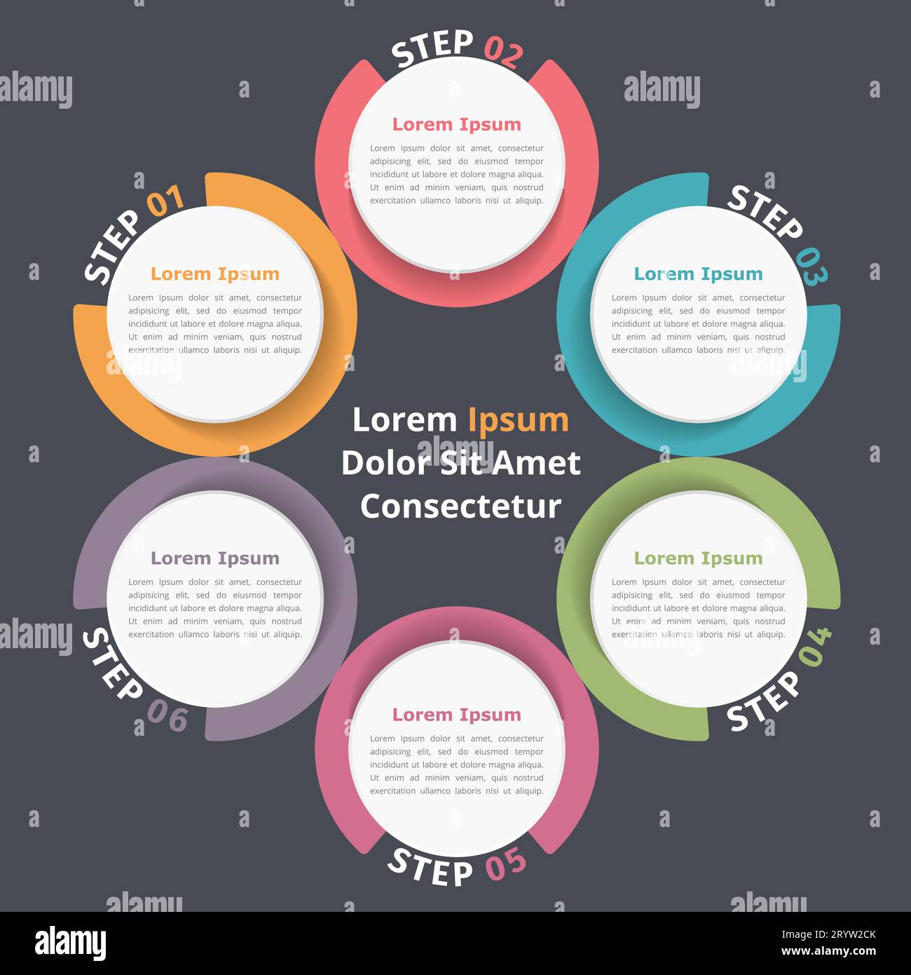 Circle diagram with six elements, steps or options, flowchart or workflow diagram template ...