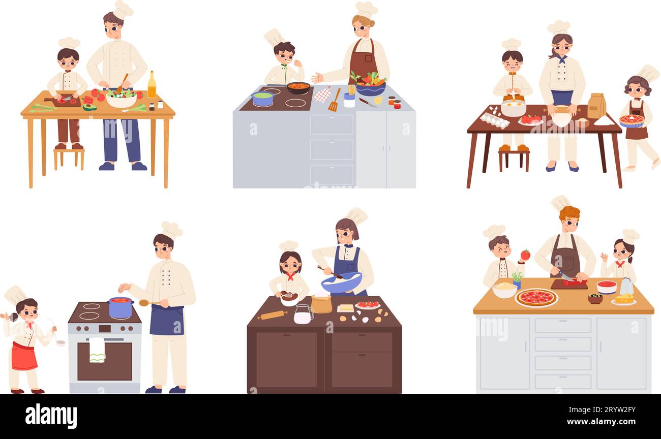 Adults cooking with kids. Home kitchen, parents baking with kids at ...