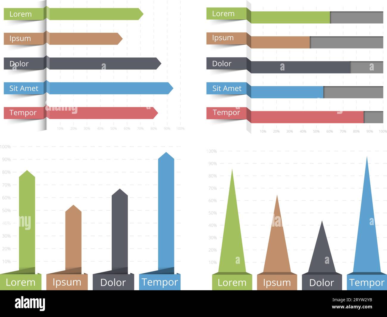 Four bar graphs, horizontal and vertical bar graphs with text, business ...