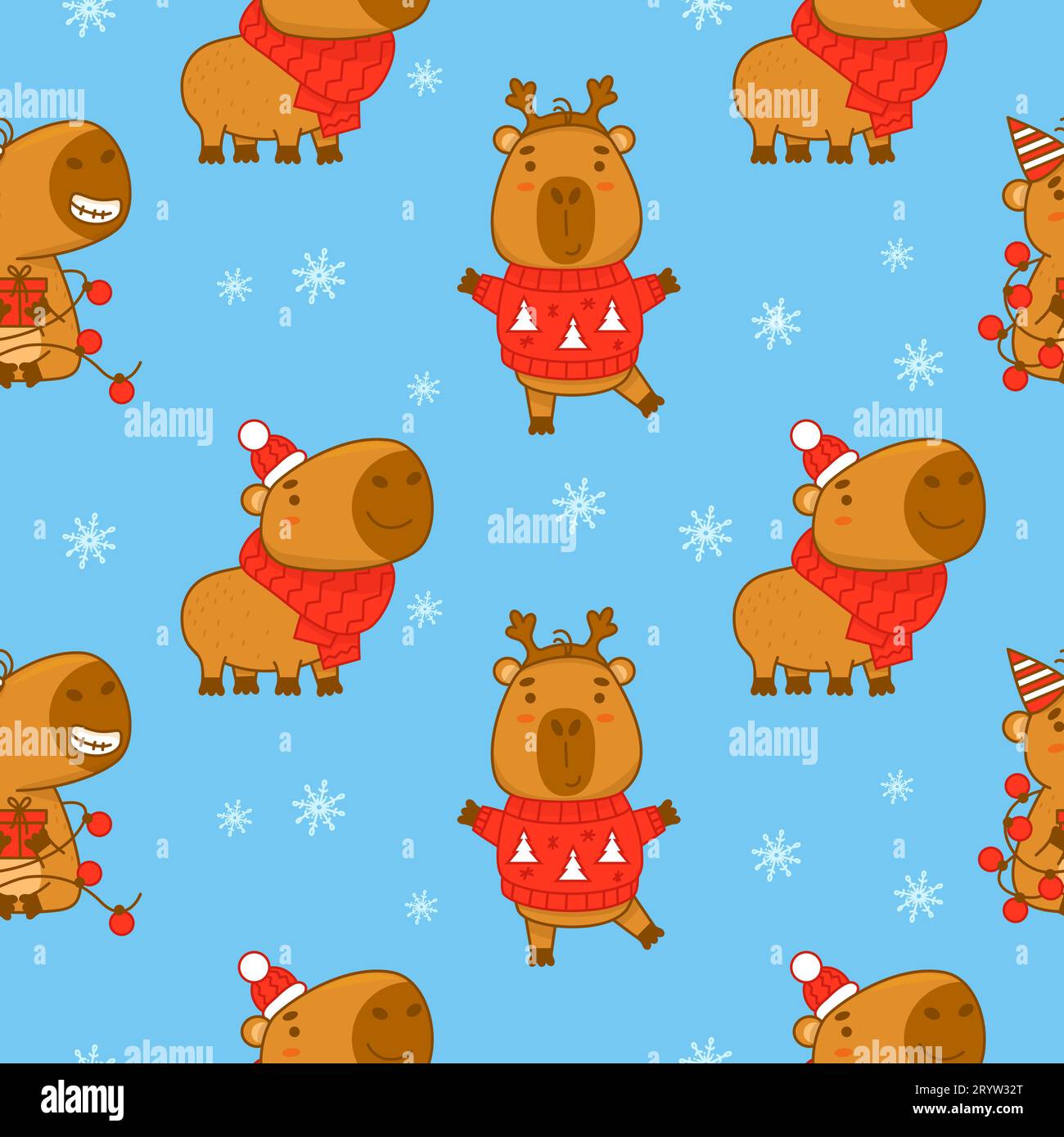 Christmas Seamless pattern with Cute winter capybara on blue background ...