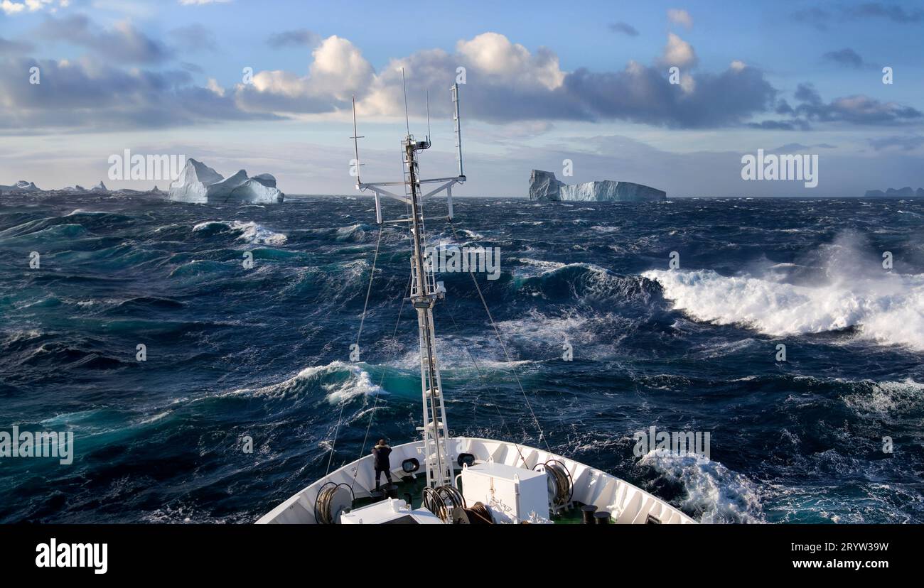 Ship rolling in heavy seas near icebergs in Scoresbysund on the east ...