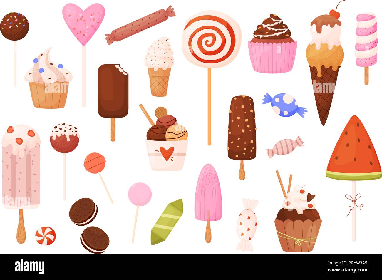 Sweet lollipops and ice cream. Caramel and candies, chocolate creamy ...