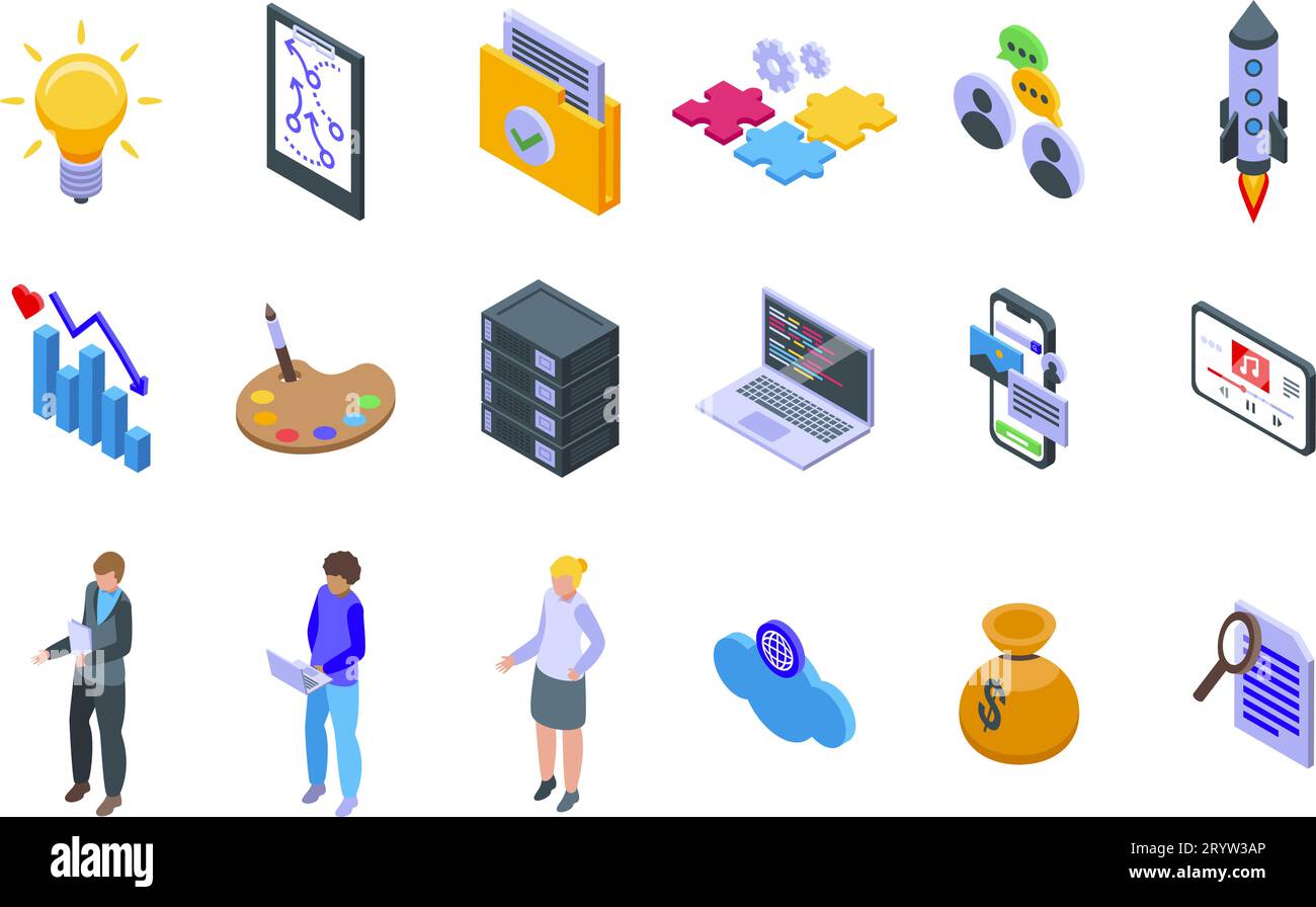 Product Development icons set isometric vector. Benefit plan. Team ...