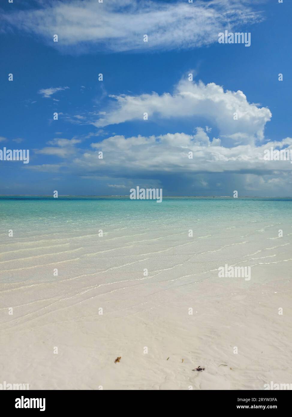 A beach with a crystal blue ocean, surrounded by the sandy shore Stock ...