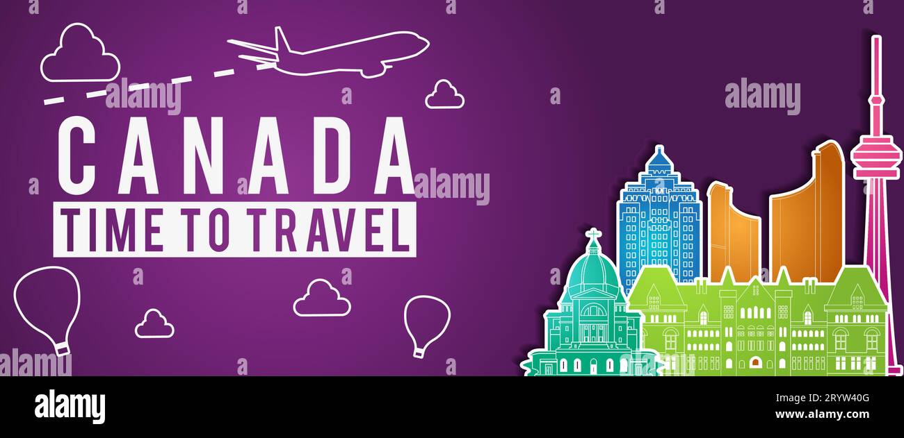purple banner of Canada famous landmark silhouette colorful style ...