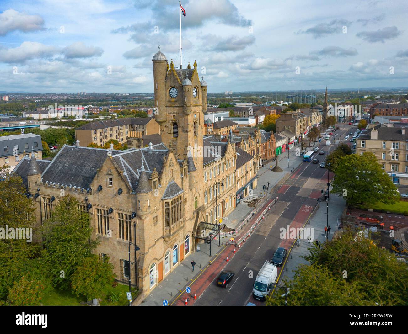 Rutherglen, Scotland, UK. 2nd October 2023. Aerial views of Rutherglen Town Hall in Rutherglen ...