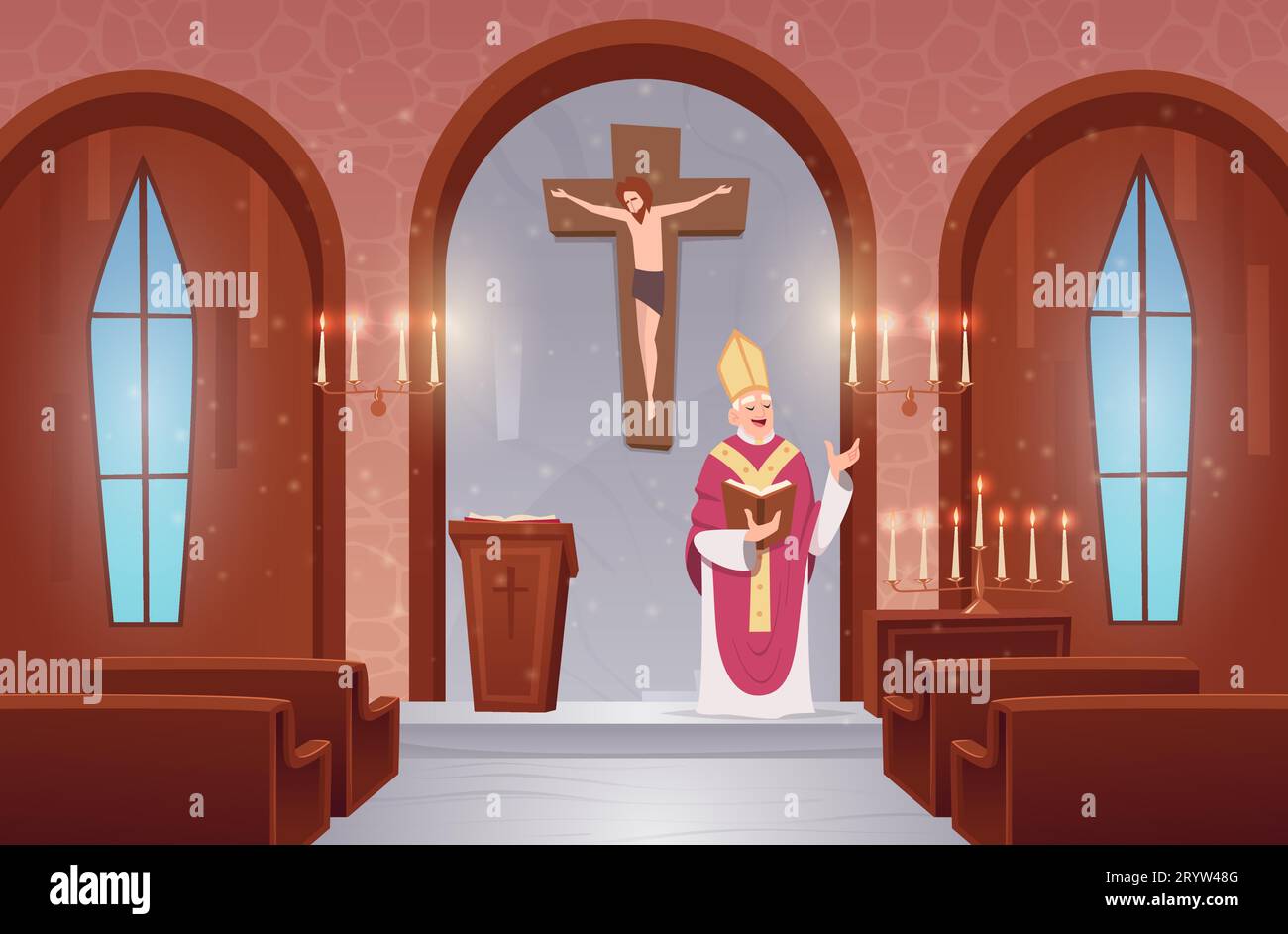 Church interior. Indoor background of catholic church exact vector ...