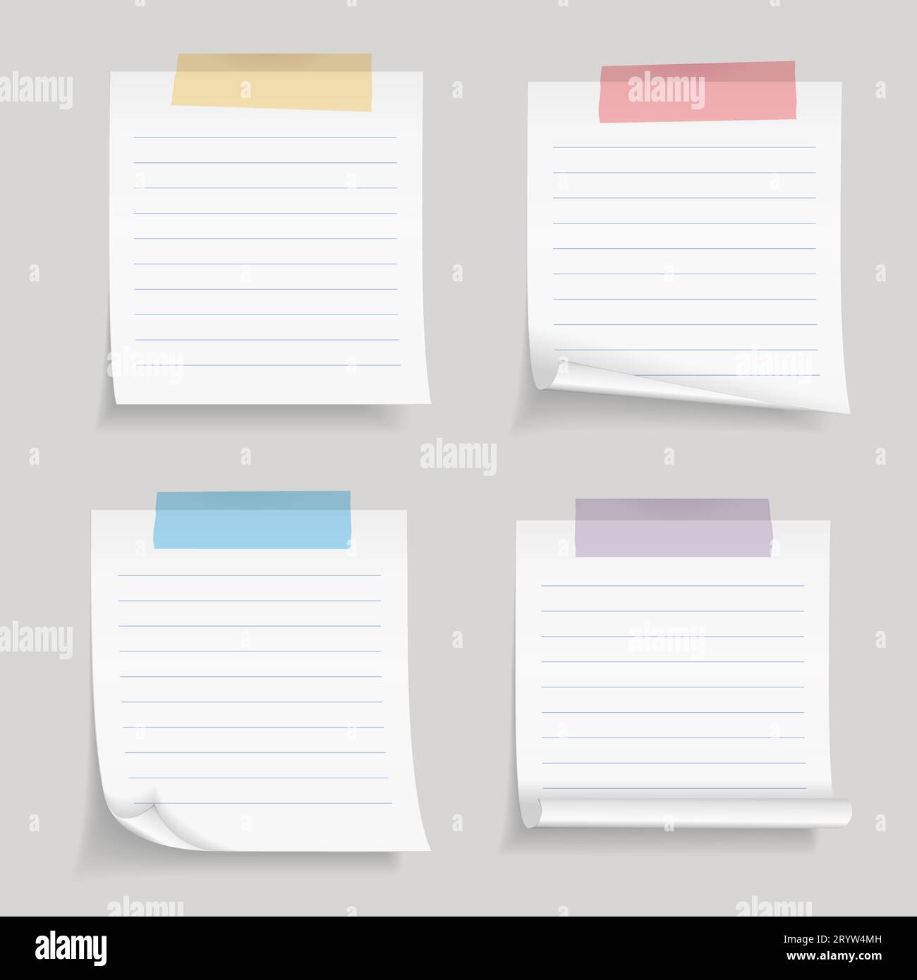 Paper with tape, blank lined paper notes with colored adhesive tape ...