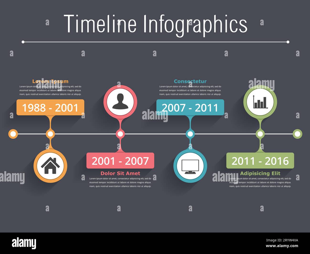 Horionztal timeline infographics template with dates, icons and text ...