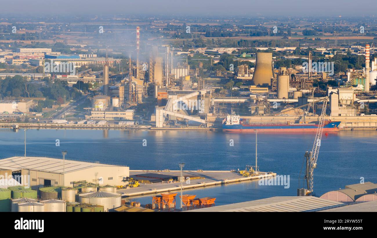 Aerial shot of industrial and port area of Ravenna,production district ...