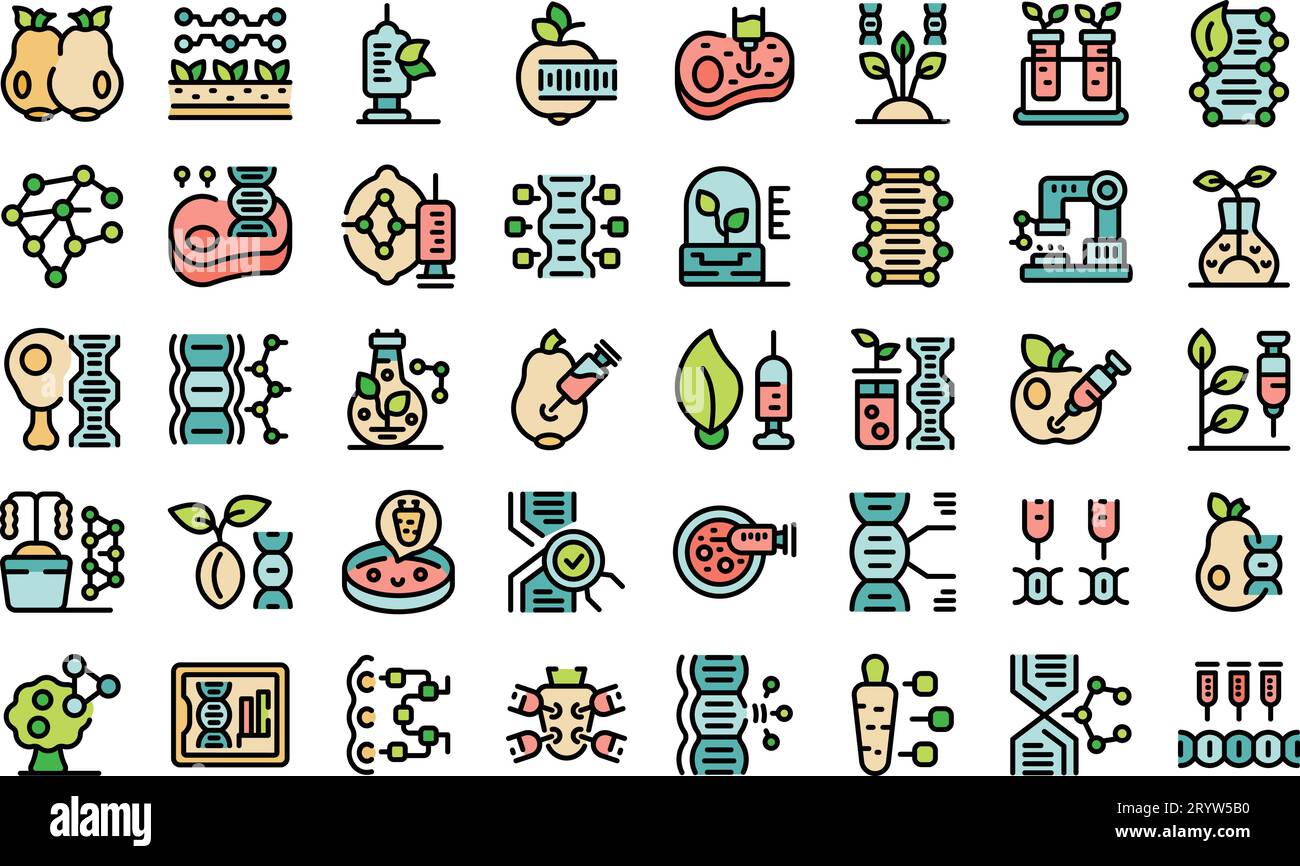 Genetic modification in agriculture icons set outline vector. Food corn. Health farm thin line ...