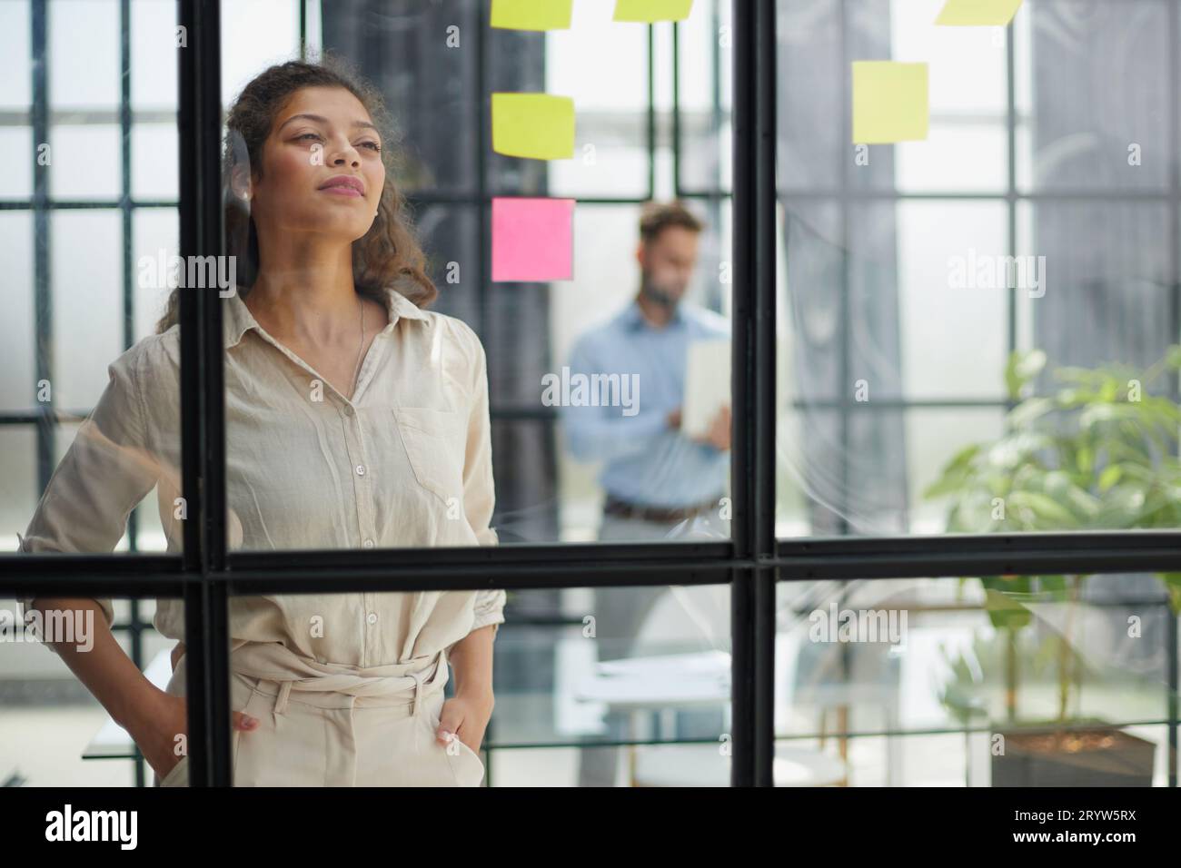 Smiling business woman looking out the window Stock Photo - Alamy