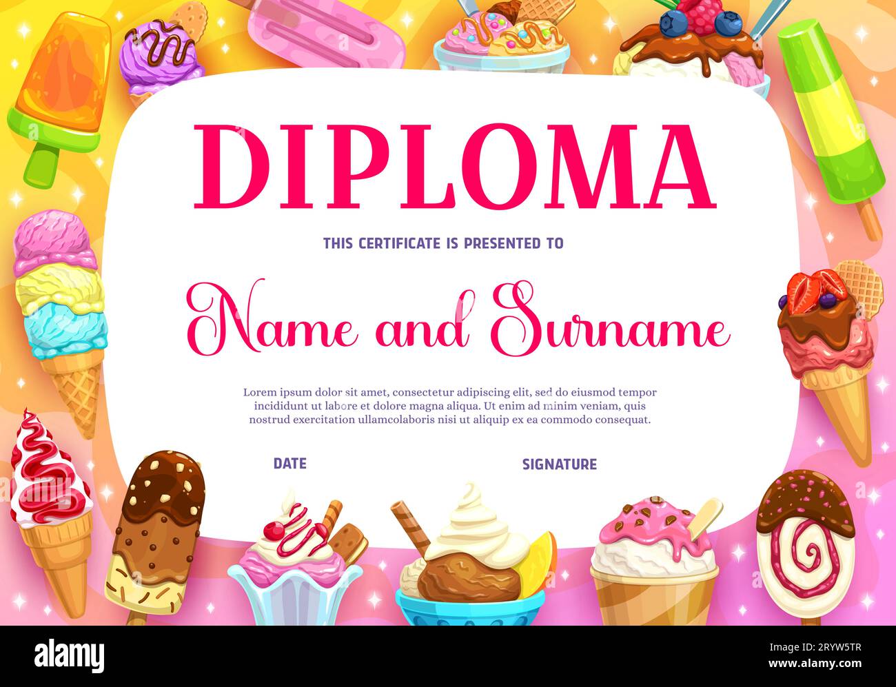 Kids diploma, cartoon sundae, ice cream chocolate stick and vanilla ...