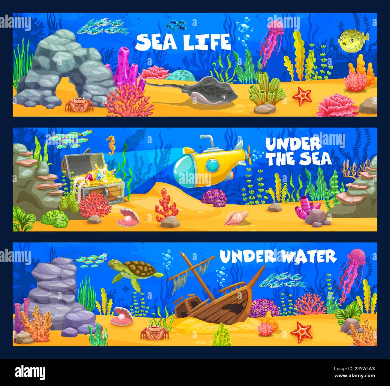 Underwater landscape, cartoon sea animals, seaweed, submarine and ...