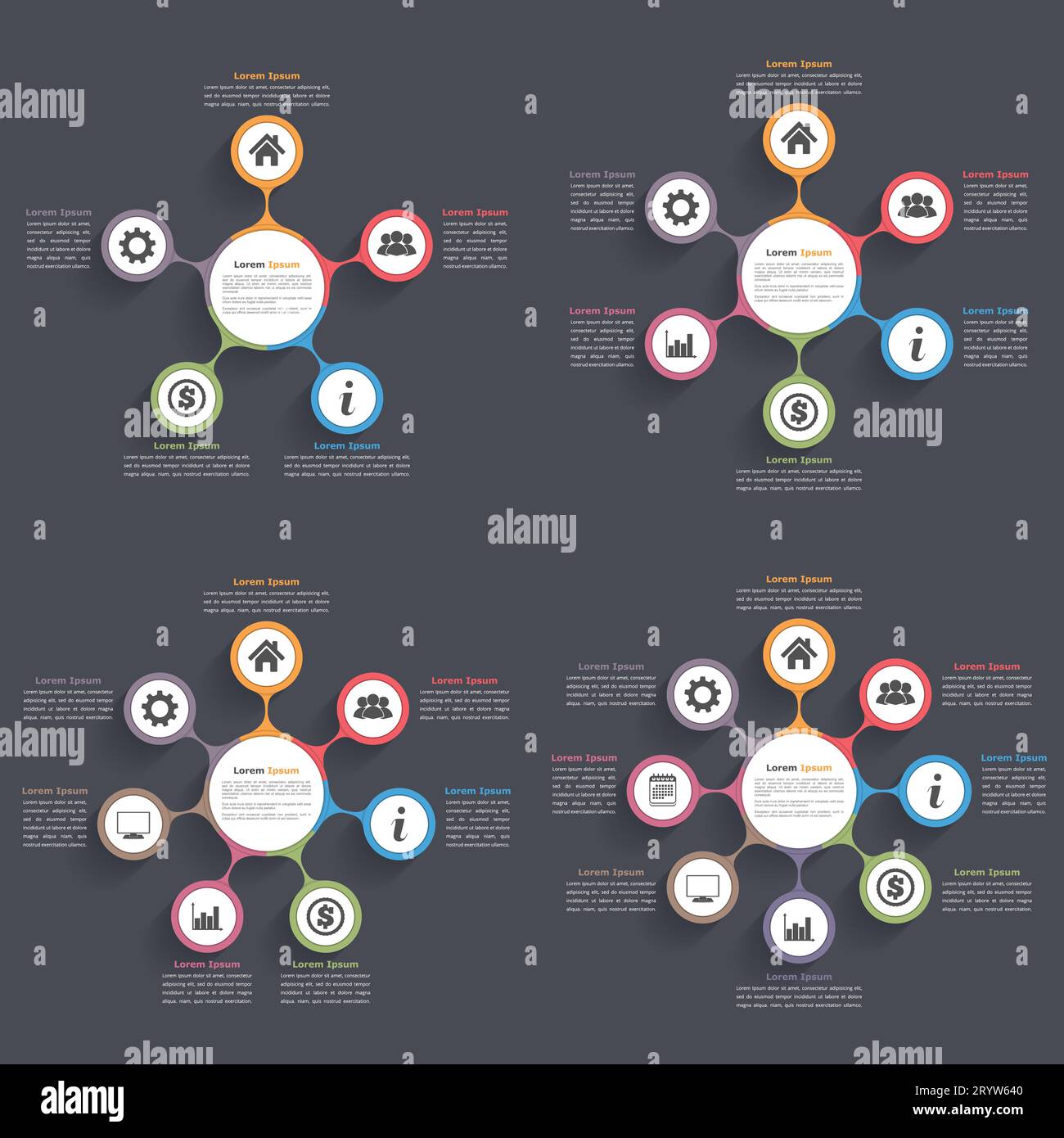 Circle diagram infographics with five, six, seven and eight elements ...