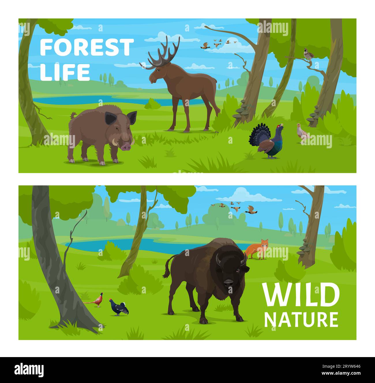 Forest animals and birds, hunting sport. Forest hunting season ...