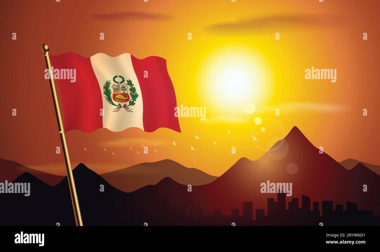 Peru flag with sunset background of mountains and lakes Stock Vector ...