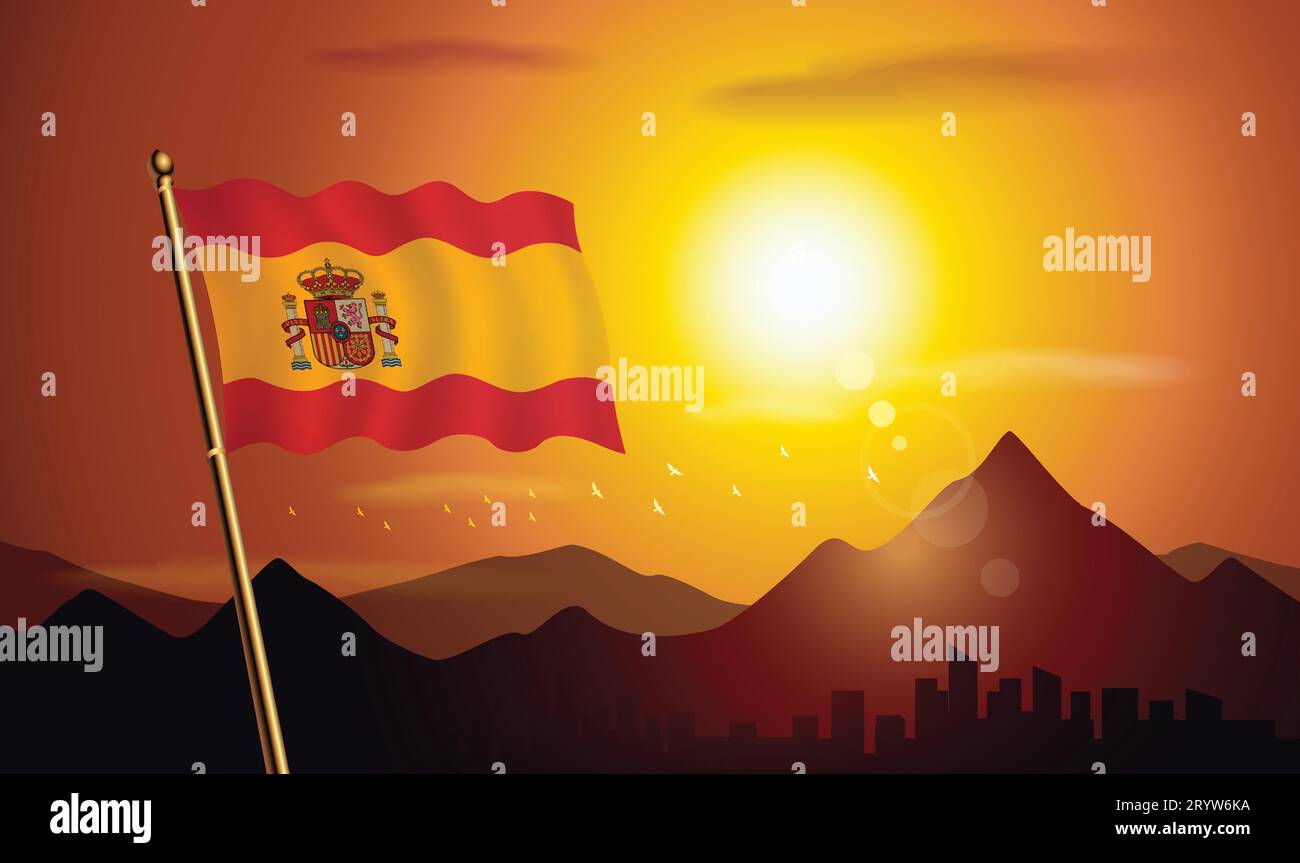 Spain flag with sunset background of mountains and lakes Stock Vector ...