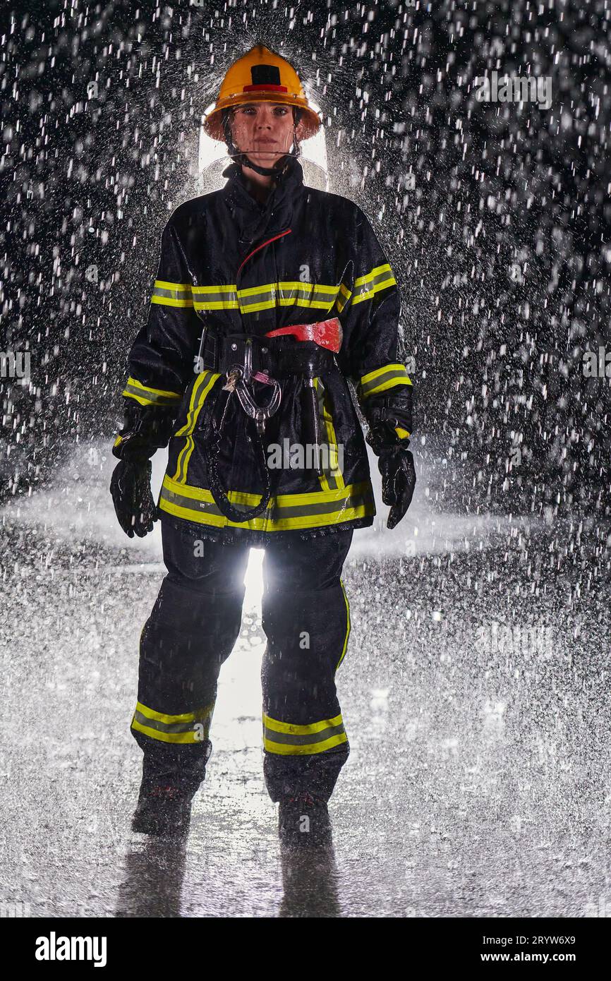 A determined female firefighter in a professional uniform striding ...