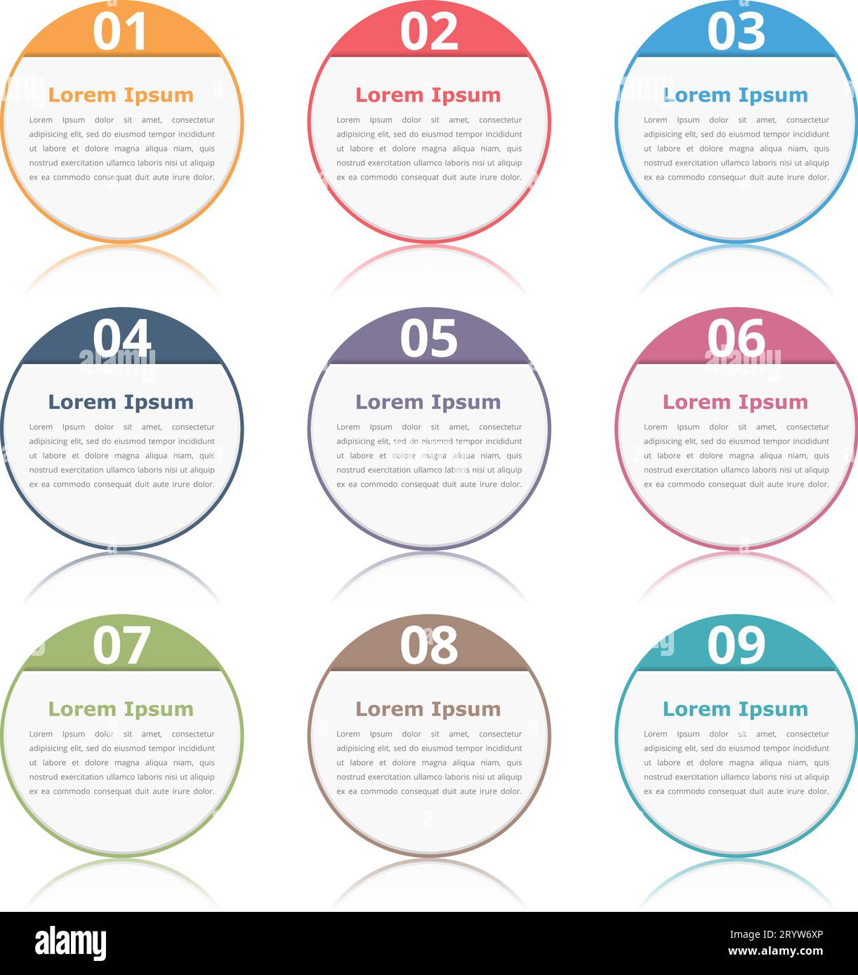 Set of nine round design elements or text boxes with numbers, steps or ...
